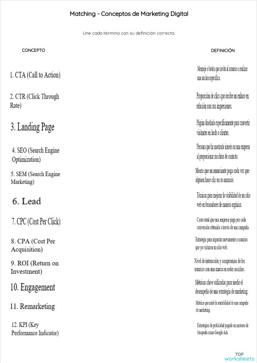 Conceptos de Marketing Digital- matching. Ficha interactiva | TopWorksheets