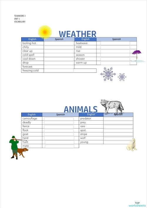 4º U5 VOC WEATHER AND ANIMALS. Interactive worksheet | TopWorksheets