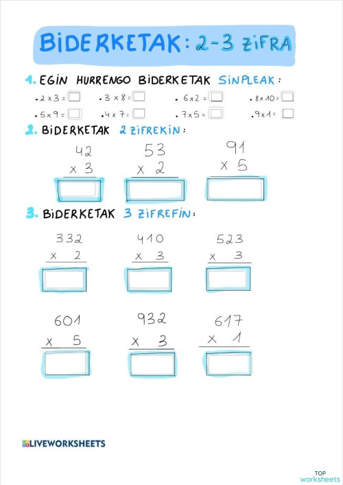 BIDERKETAK BI HIRU ZIFRA. Fitxa interaktiboa | TopWorksheets
