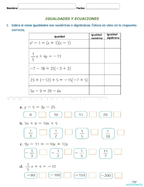 IGUALDADES Y ECUACIONES. Ficha interactiva | TopWorksheets