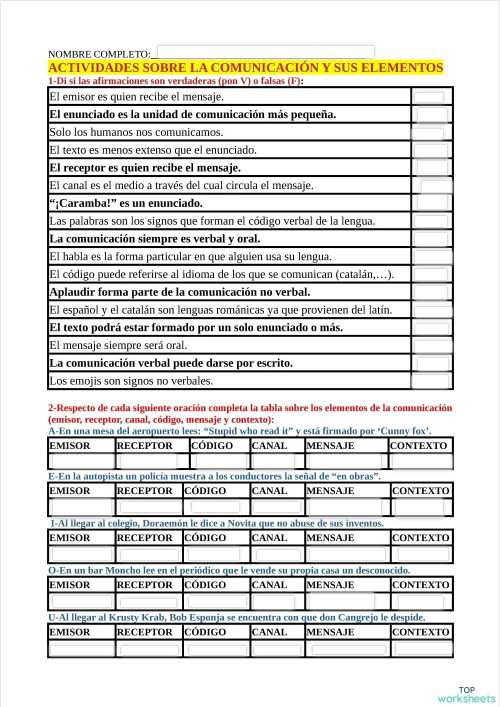 ACTIVIDAD SOBRE LA COMUNICACIÓN Y SUS ELEMENTOS. Ficha interactiva ...