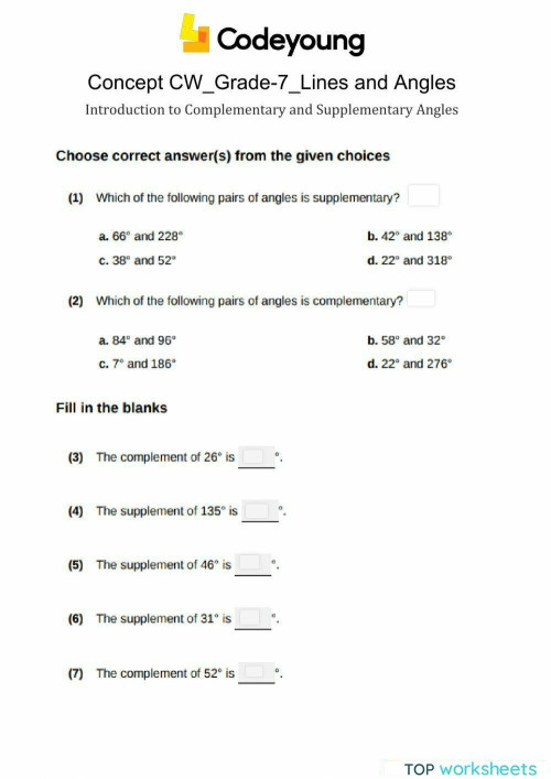 Introduction to Complementary and Supplementary Angles Concept CW ...