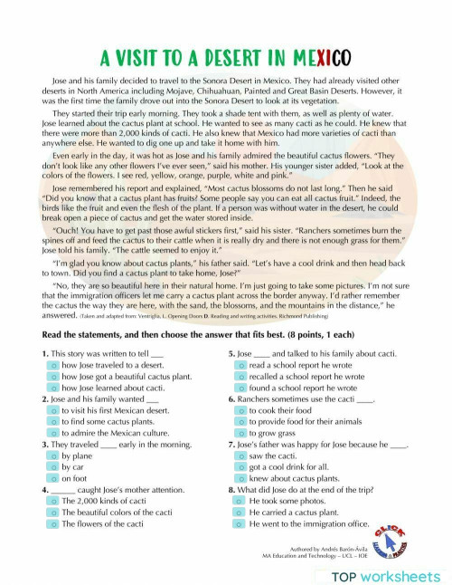 Reading Ex. - A Visit to a Desert in Mexico. Interactive worksheet ...