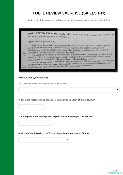 TOEFL REVIEW EXERCISE (SKILLS 1-11). Ficha interactiva | TopWorksheets