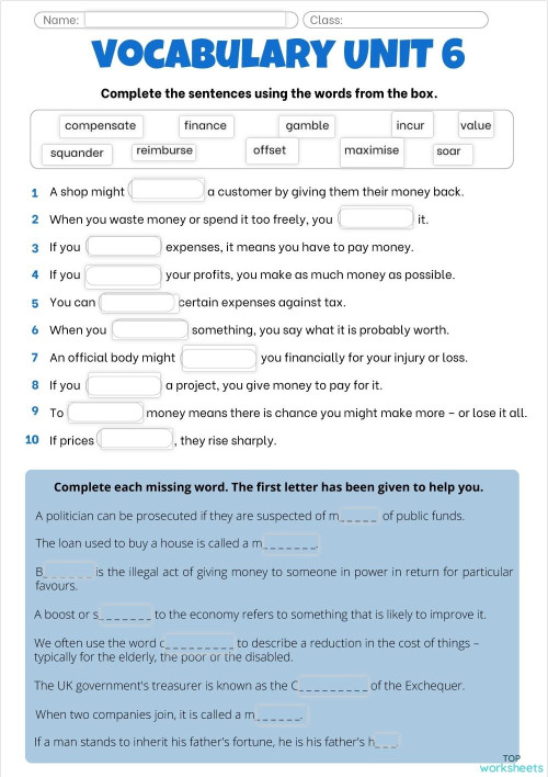 VOCABULARY UNIT 6 C2. Interactive worksheet | TopWorksheets