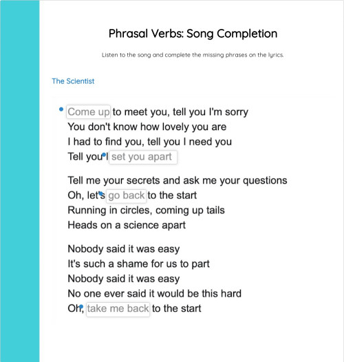 Phrasal Verbs: Song Completion. Interactive worksheet | TopWorksheets
