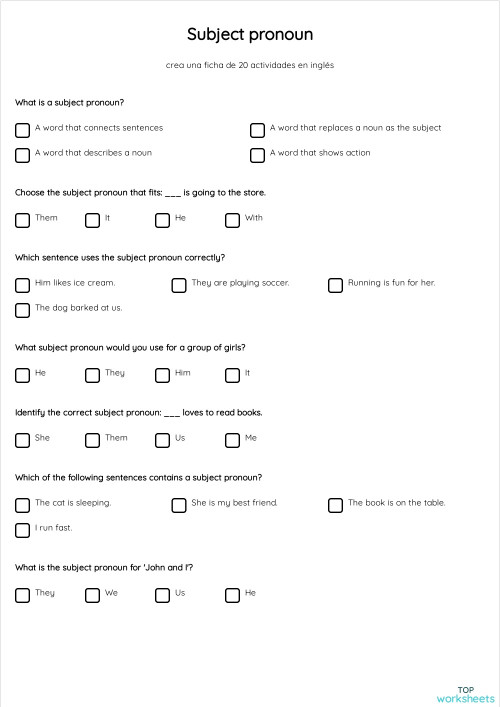 Subject pronoun. Interactive worksheet | TopWorksheets