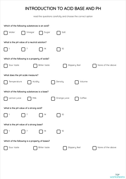 INTRODUCTION TO ACID BASE AND PH. Interactive worksheet | TopWorksheets