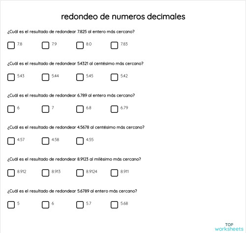 REDONDEO DE NÙMEROS DECIMALES. Ficha interactiva | TopWorksheets