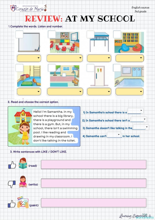 REVIEW: AT MY SCHOOL. Ficha interactiva | TopWorksheets