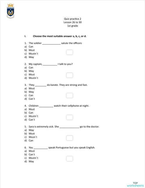 Quiz practice 2 lesson 26 to 30. Ficha interactiva | TopWorksheets