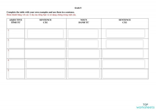 Grade 9 Adj-Noun. Interactive worksheet | TopWorksheets