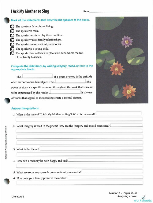 I Ask My Mother to Sing Pg 21. Interactive worksheet | TopWorksheets