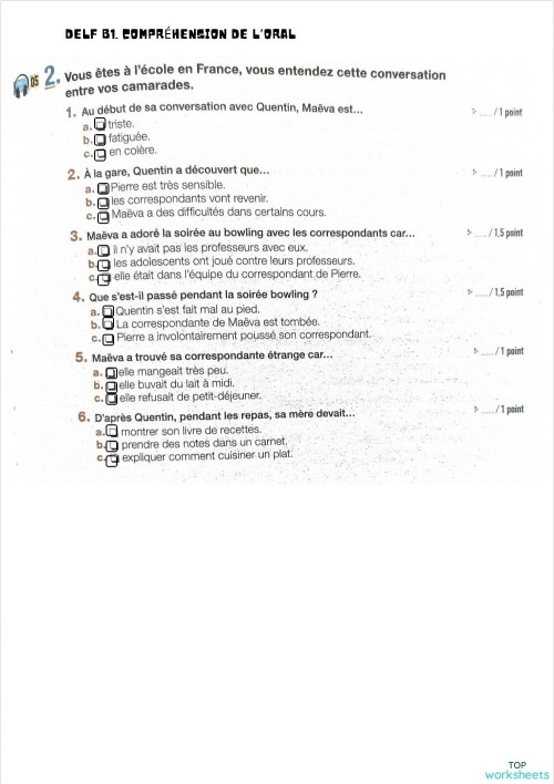 Compréhension de l'oral-DELF B1-Exercice 1-Partie A. Fiche interactive | TopWorksheets