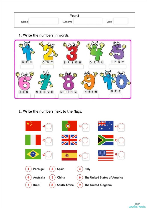 Numbers, countries, nationalities. Interactive worksheet | TopWorksheets