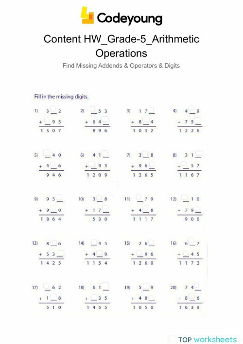 Content-HW-Find Missing Addends & Operators & Digits. Interactive ...