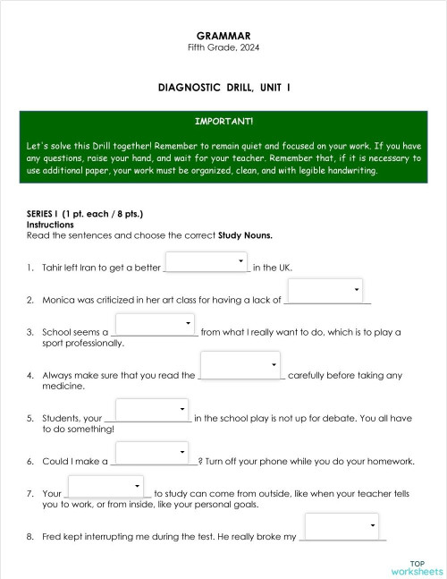 Grammar Diagnostic Drill-Fifth Grade-Unit I. Interactive worksheet ...