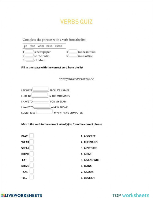 verbs quiz 1. Interactive worksheet | TopWorksheets
