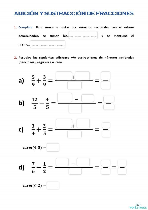 ADICIÓN Y SUSTRACCIÓN DE FRACCIONES. Ficha interactiva | TopWorksheets