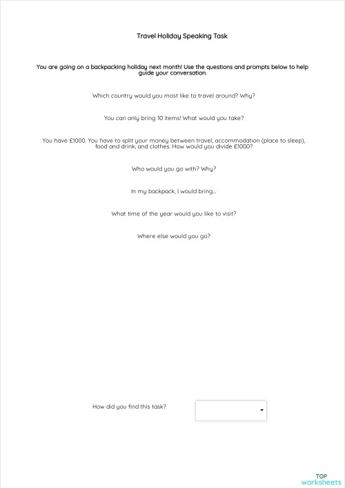 Travel Holiday Speaking Task. Interactive worksheet | TopWorksheets