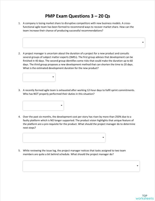 PMP Exam Questions 3 - 20 Qs ใบงานเชิงโต้ตอบ | TopWorksheets