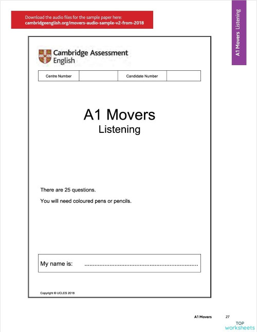 Movers - Listening - Sample Test 2. Interactive worksheet | TopWorksheets