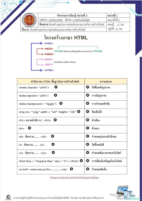 หน่วยที่ 3 ็HTML: แผ่นงานแบบโต้ตอบและแบบฝึกหัดออนไลน์ | TopWorksheets