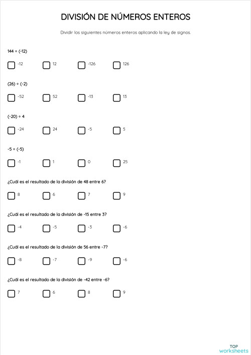 DIVISIÓN DE NÚMEROS ENTEROS. Ficha interactiva | TopWorksheets