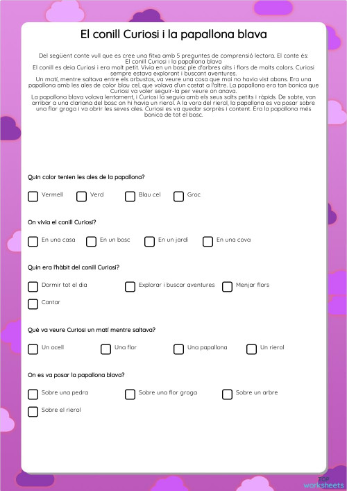 El conill Curiosi i la papallona blava. Fitxa interactiva | TopWorksheets