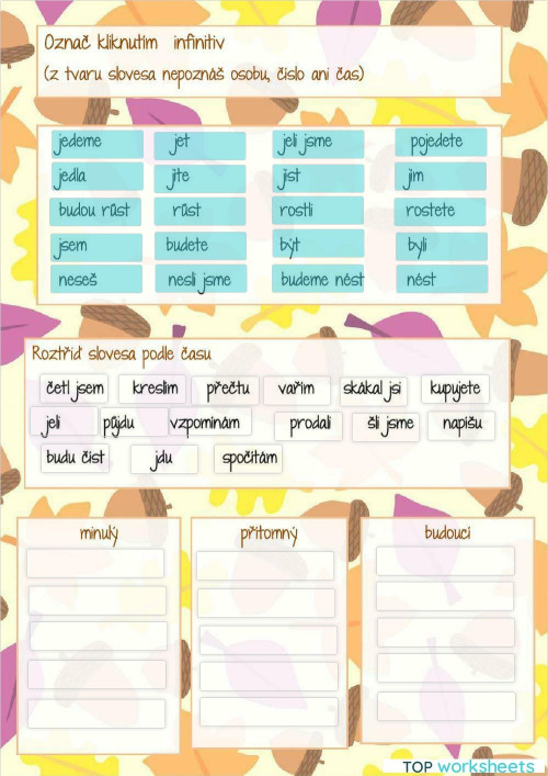 Slovesa - časy, infinitiv. Interaktivní pracovní list | TopWorksheets