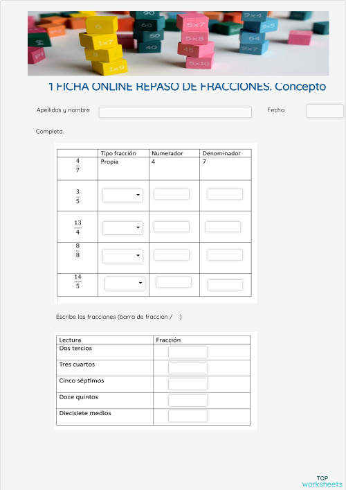 1 FICHA ONLINE REPASO FRACCIONES. Ficha interactiva | TopWorksheets