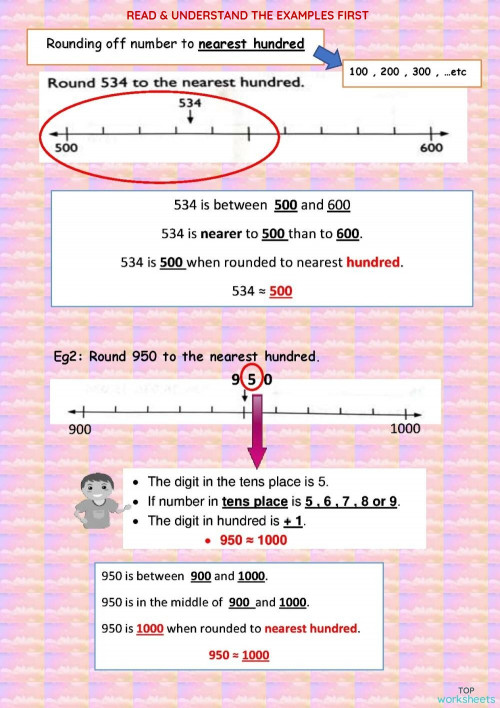YR4: ROUND OFF TO NEAREST HUNDRED (NUMBER LINES). Interactive worksheet ...