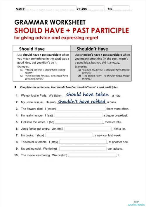 should / shouldn't have. Interactive worksheet | TopWorksheets
