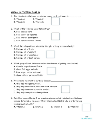 Animal nutrition (PT 1)- MCQs. Interactive worksheet | TopWorksheets