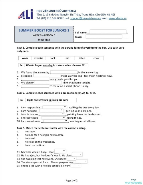 SBJ_W4_Lesson C_Mini-test. Interactive worksheet | TopWorksheets