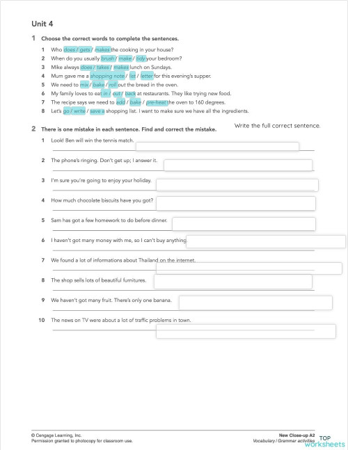 Close-Up A2 Extra Tasks Vocabulary & Grammar U4. Interactive worksheet | TopWorksheets