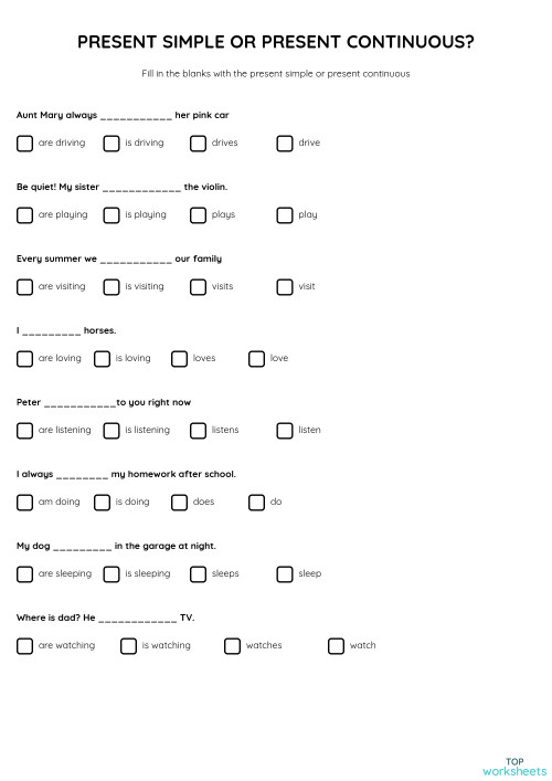 PRESENT SIMPLE OR PRESENT CONTINUOUS?. Interactive worksheet ...