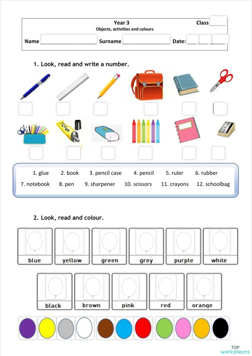 Objects, activities and colours. Interactive worksheet | TopWorksheets