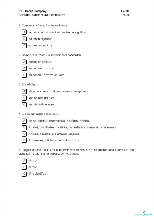 DETERMINANTS 1. Fitxa interactiva | TopWorksheets