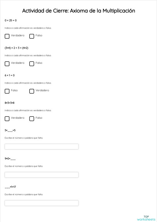 Actividad de Cierre: Axioma de la Multiplicación. Ficha interactiva ...