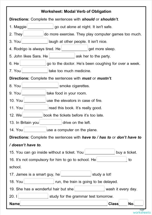 Modal Verbs of Obligation. Interactive worksheet | TopWorksheets