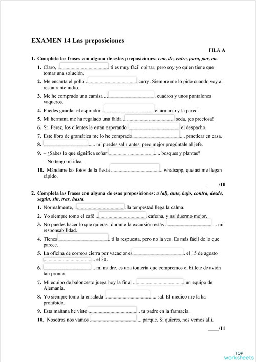 Preposiciones. Ficha interactiva | TopWorksheets