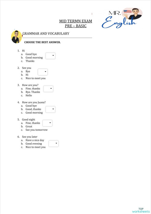 PRE BASIC MIDTERM 1. Ficha interactiva | TopWorksheets