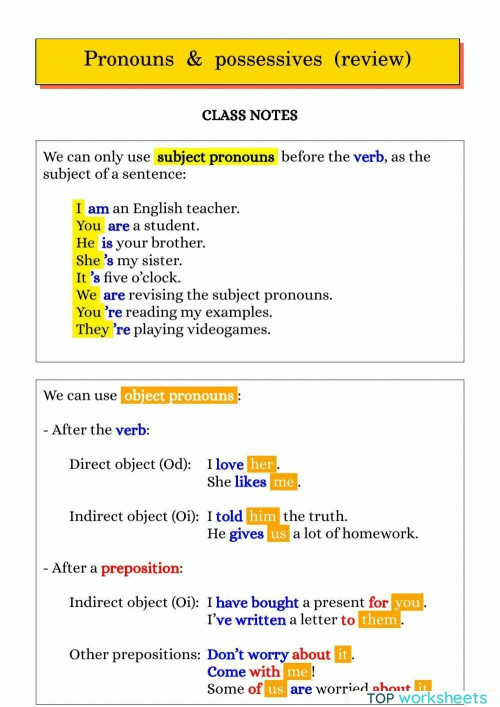 Pronouns and possessives - review. Interactive worksheet | TopWorksheets