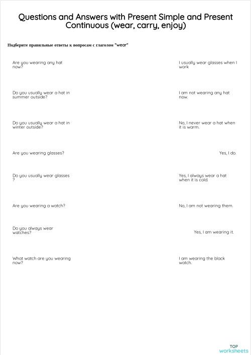 Questions and Answers with Present Simple and Present Continuous (wear ...