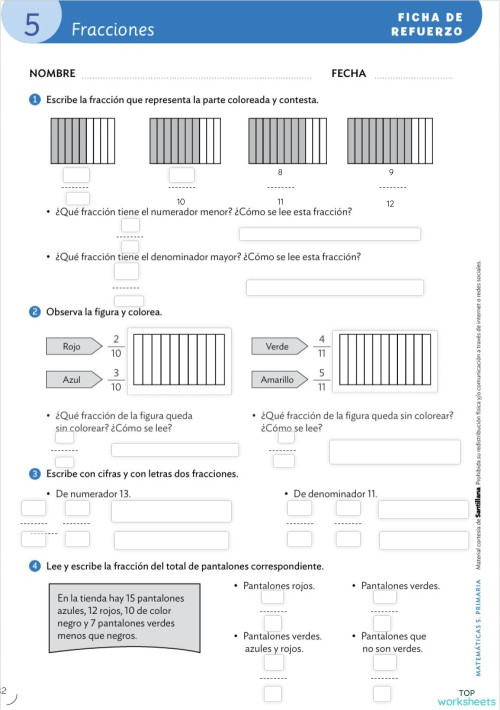 Lectura y escritura de fracciones. Ficha interactiva | TopWorksheets