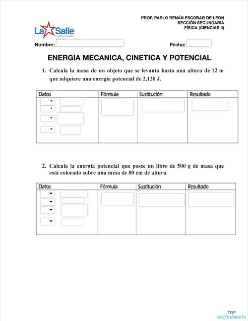 Energía mecanica, cinetica y potencial. Ficha interactiva | TopWorksheets