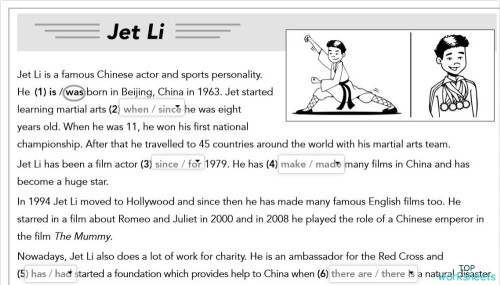 reading (jet li). Interactive worksheet | TopWorksheets