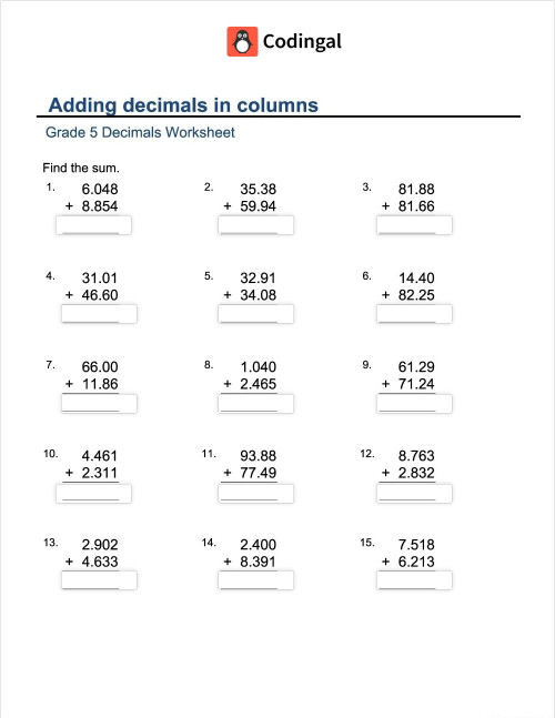 M_G05T02_WC03_Adding Decimals. Interactive worksheet | TopWorksheets