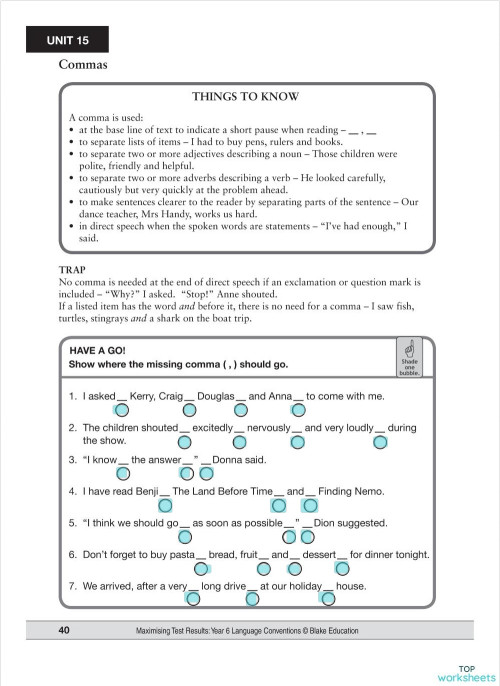 Units 15 and 16 Commas and Speech Marks. Interactive worksheet | TopWorksheets